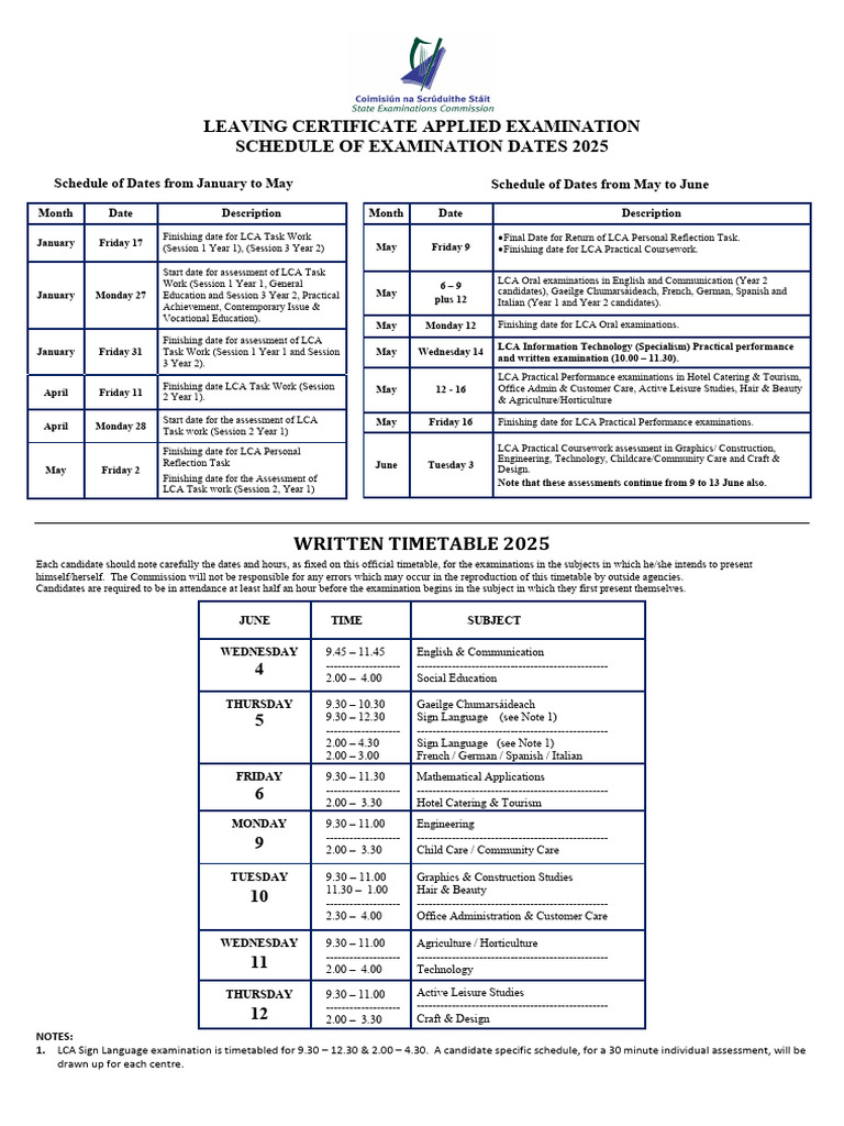 LCA Examination Schedule of Exams 2025 and Written Examination ...