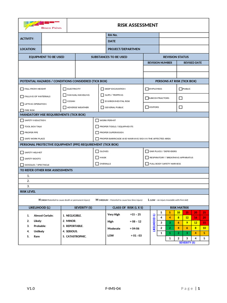 F-IMS-04 Risk assessment Form | PDF | Risk | Personal Protective Equipment