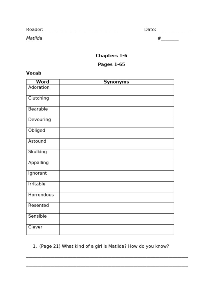 Matilda: Chapters 1-6 Pages 1-65 Vocab Word Synonyms | PDF | British ...