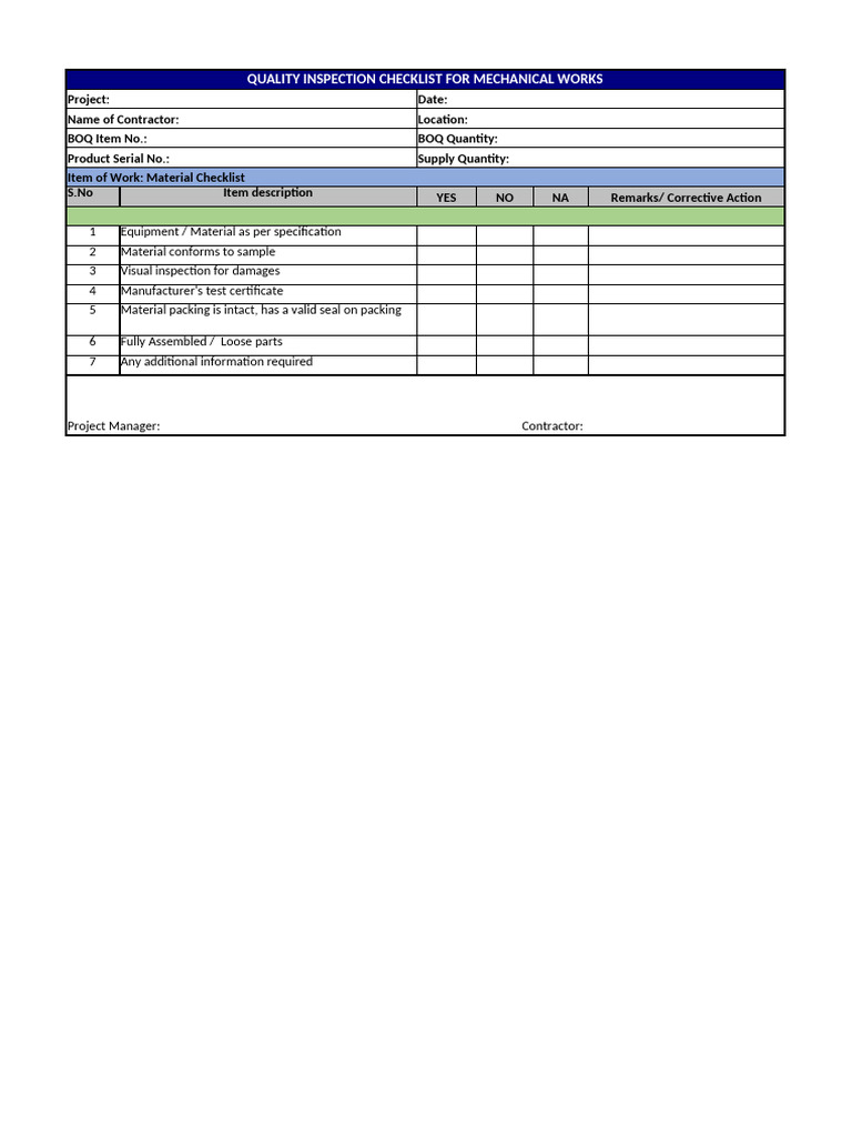 Mechanical Quality Inspection Checklist | PDF | Duct (Flow ...
