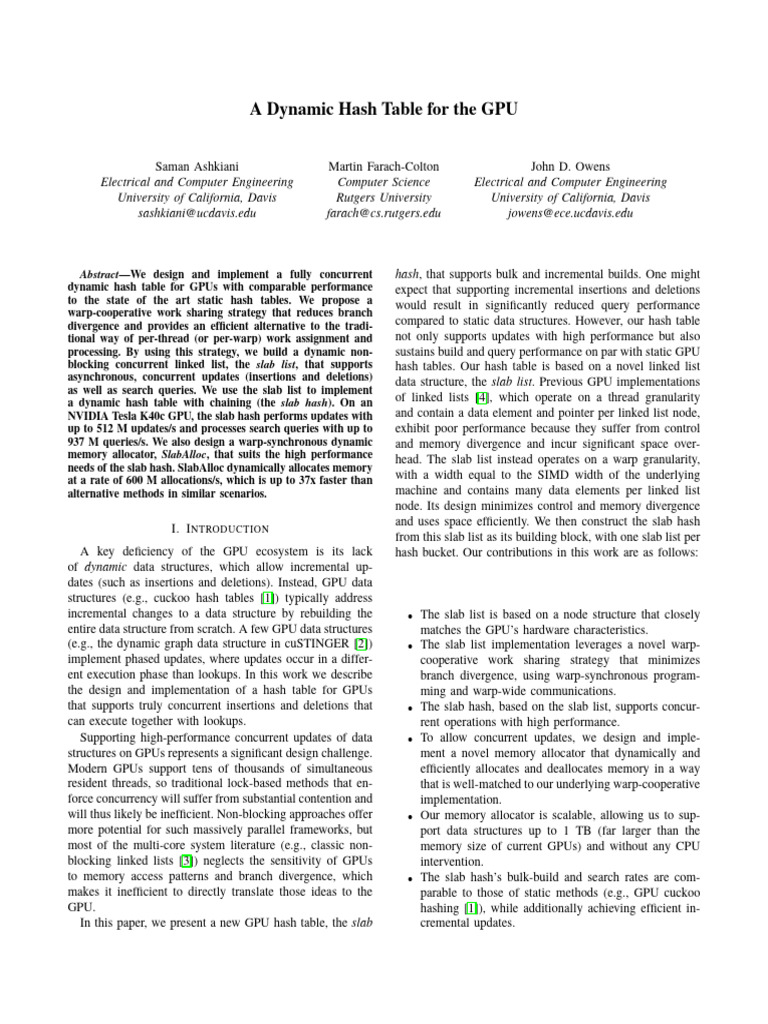 A Dynamic Hash Table for the GPU | PDF | Pointer (Computer Programming) | Graphics Processing Unit
