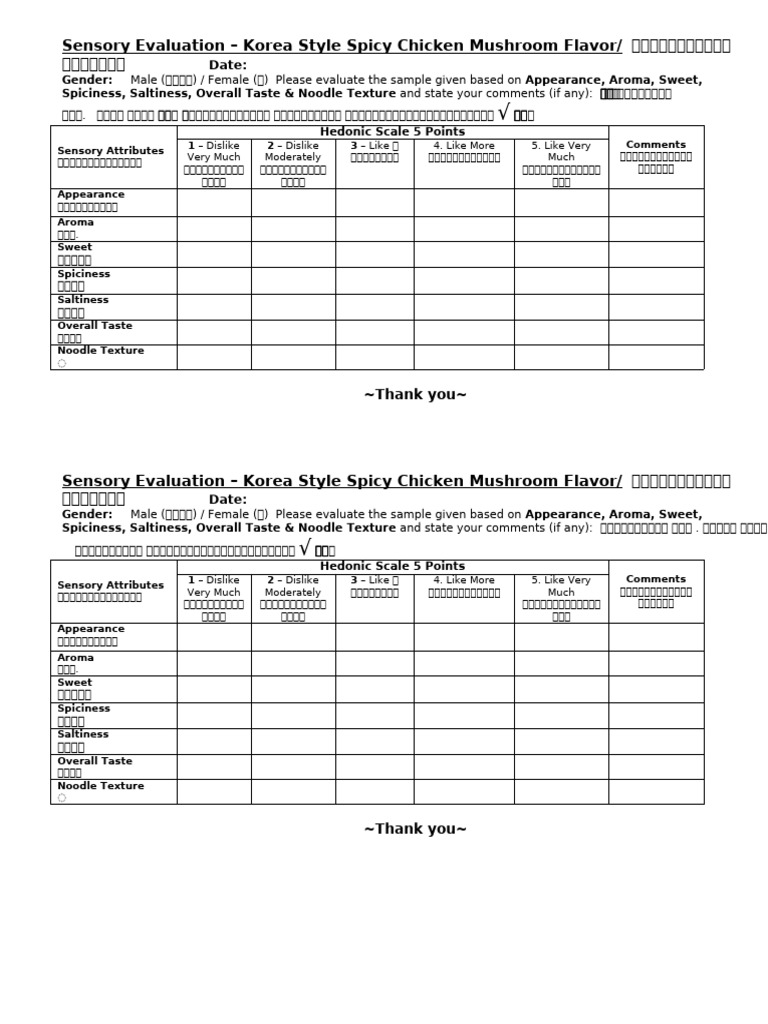 Sensory Evaluation Form Korea Style Spicy Chicken Mushroom Flavor | PDF
