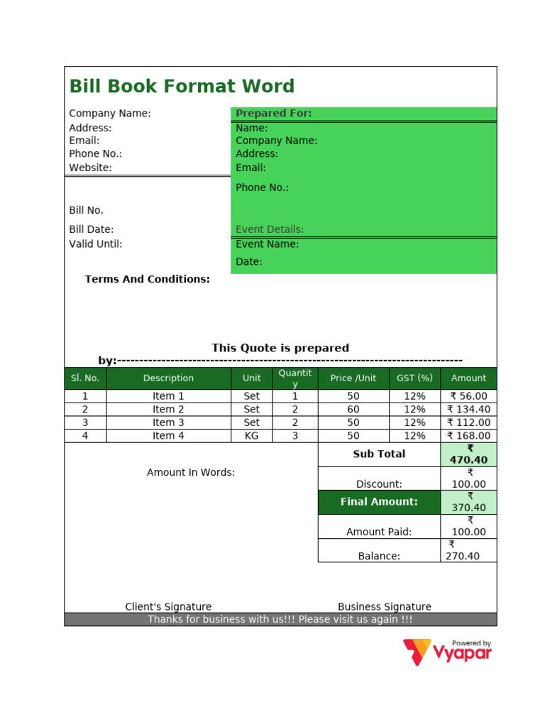 Bill Book Format Template in Word | PDF