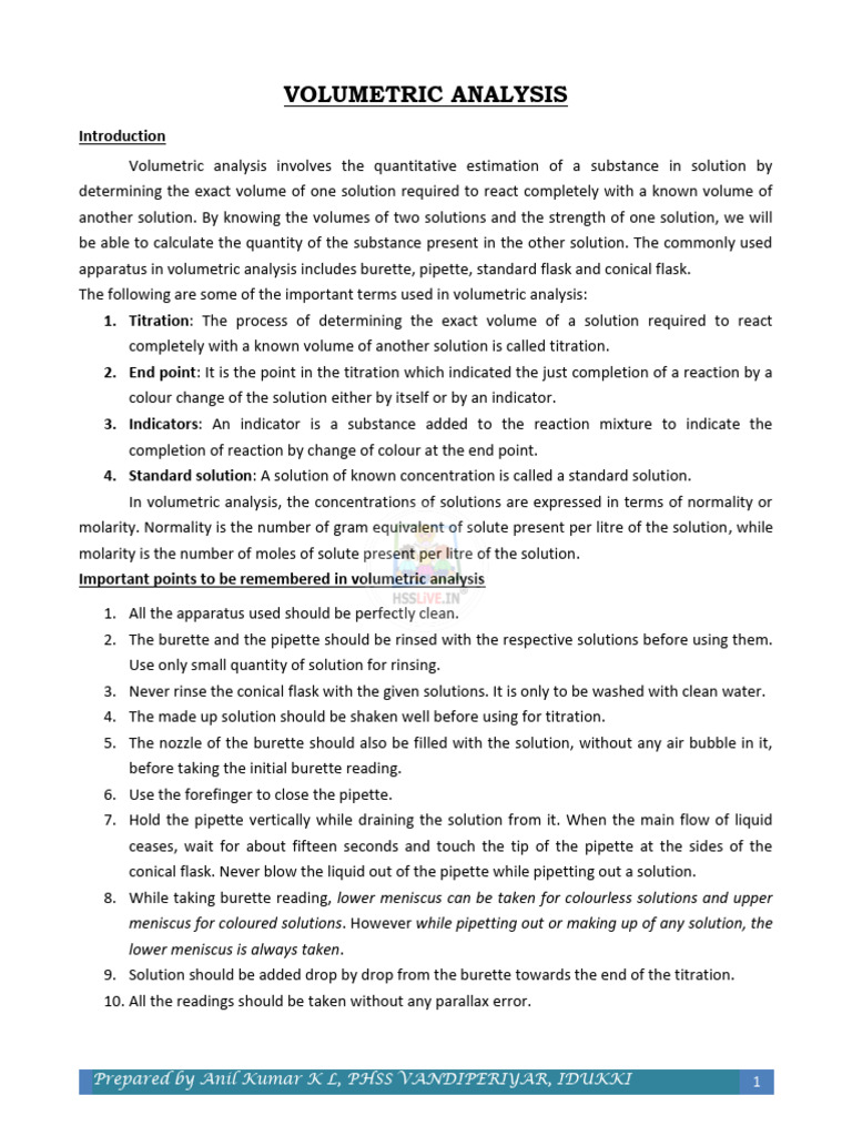 Hsslive Volumetric Analysis Titrations | PDF | Titration | Chemistry
