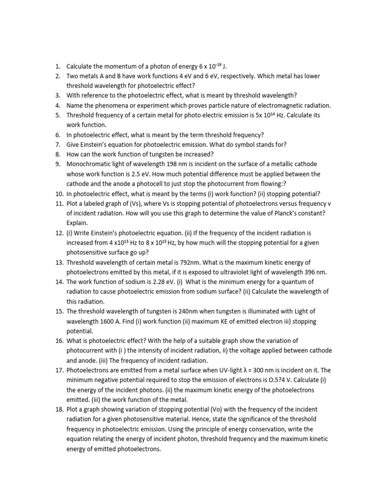 Photo Electric Effect Worksheet | PDF | Photoelectric Effect ...