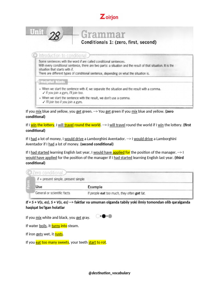 Conditionals. Zero, first, second | PDF