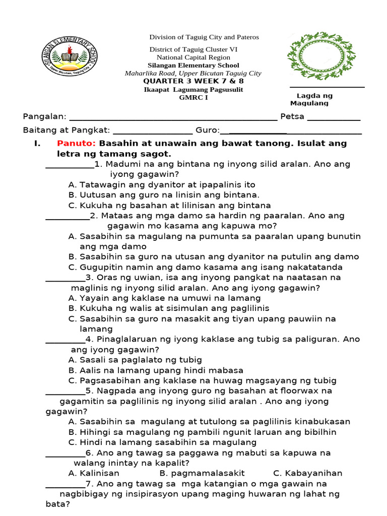 q3 4th Summative Test in GMRC | PDF