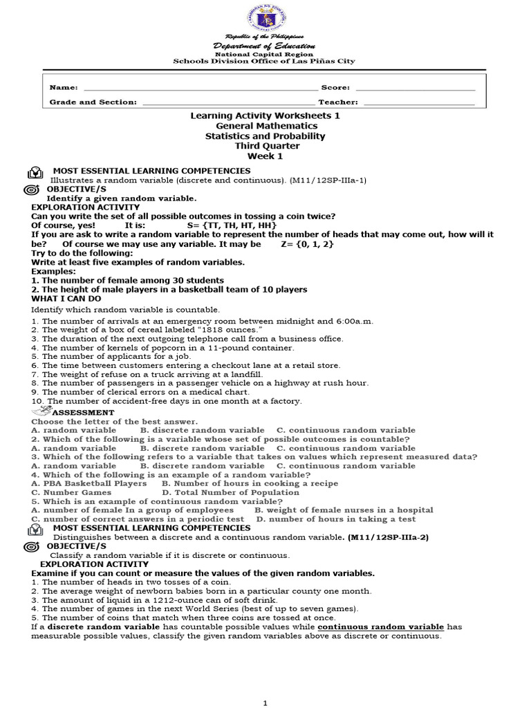 g11 q3 Gm Sp Ws w1 Law 1 | PDF | Variance | Probability Distribution