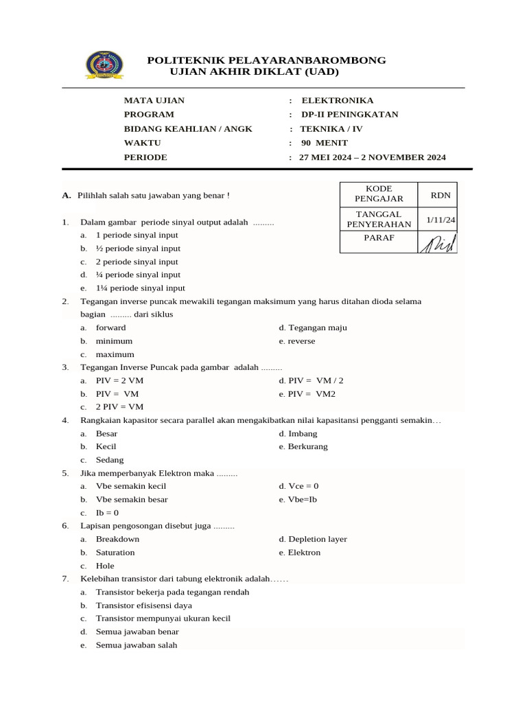 Uad - DP Ii - Angkatan 4 - Soal Elektronika - RDN | PDF