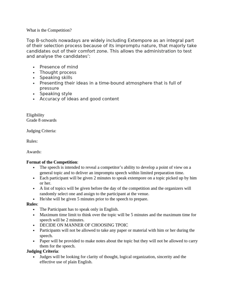 Extempore Speech Competition Guide | PDF | Thought | Communication