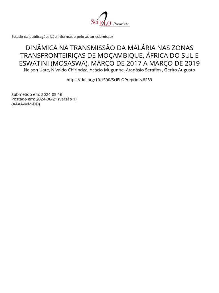 Dinâmica Na Transmissão Da Malária Nas Zonas Transfronteiriças de ...