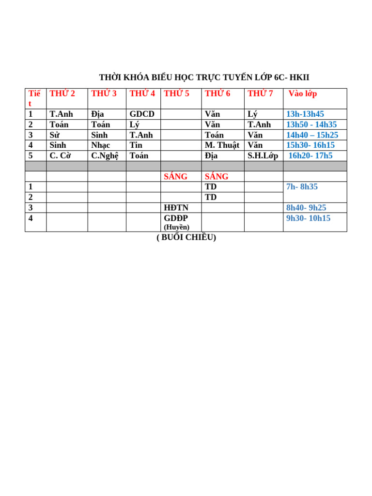 THỜI KHÓA BIỂU HỌC TRỰC TUYẾN LỚP 6C HKII | PDF