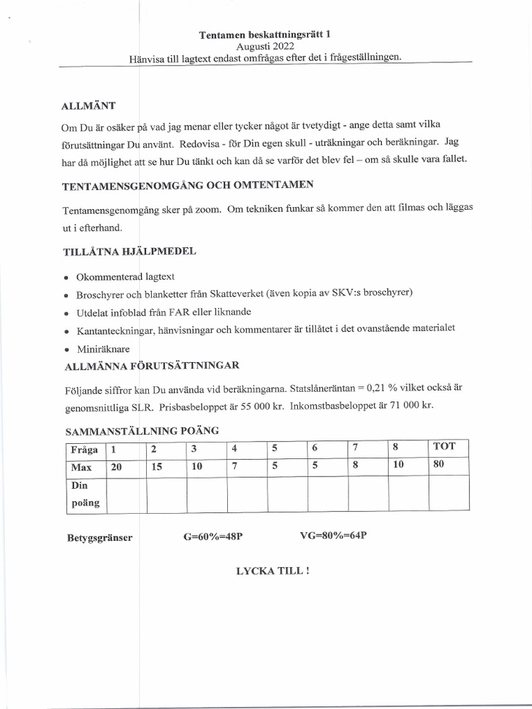 Tenta 2022 Augusti Beskattningsrätt | PDF