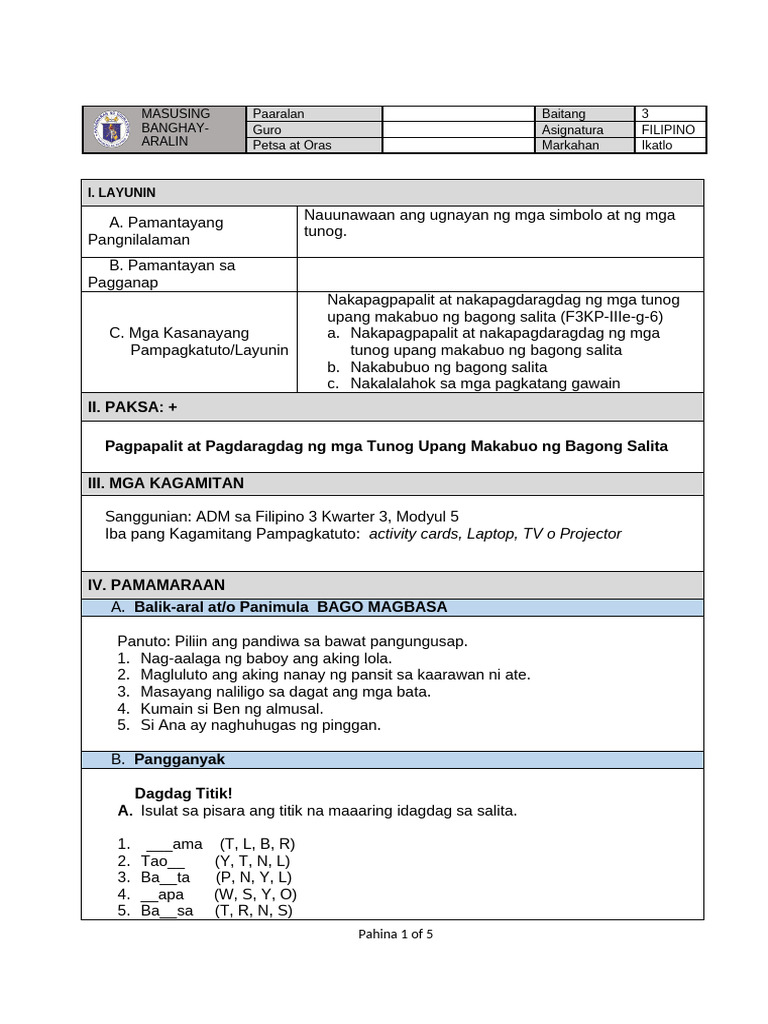 DLP-Filipino3-Q3-W5-QA | PDF