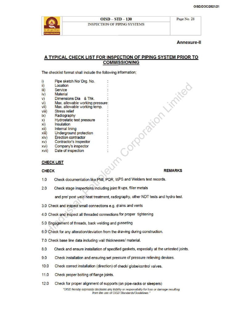 OISD130 Annex II Piping Checklist | PDF