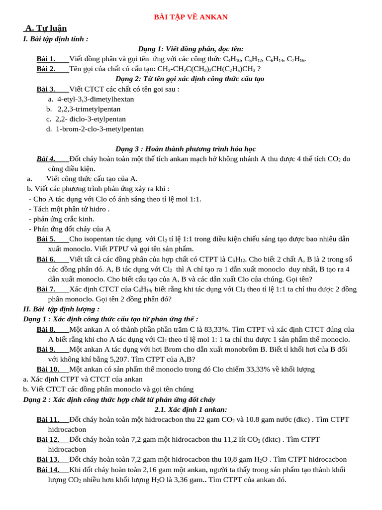 BÀI TẬP VỀ ANKAN - HS | PDF