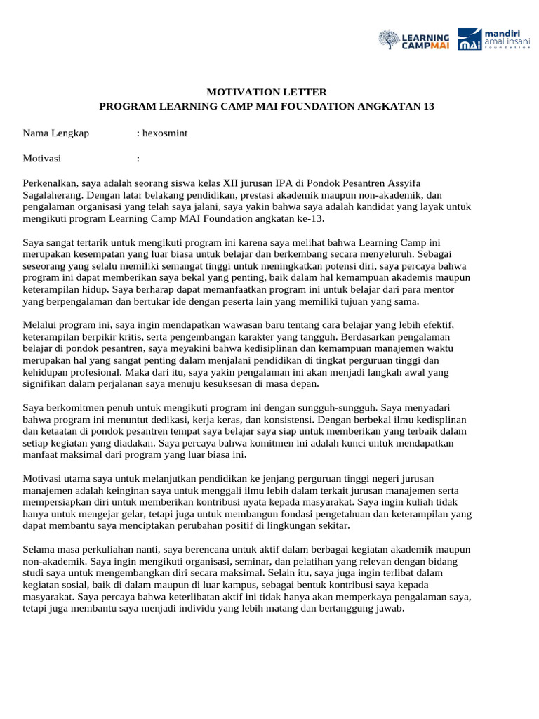 Contoh Motivation Letter Beasiswa | PDF