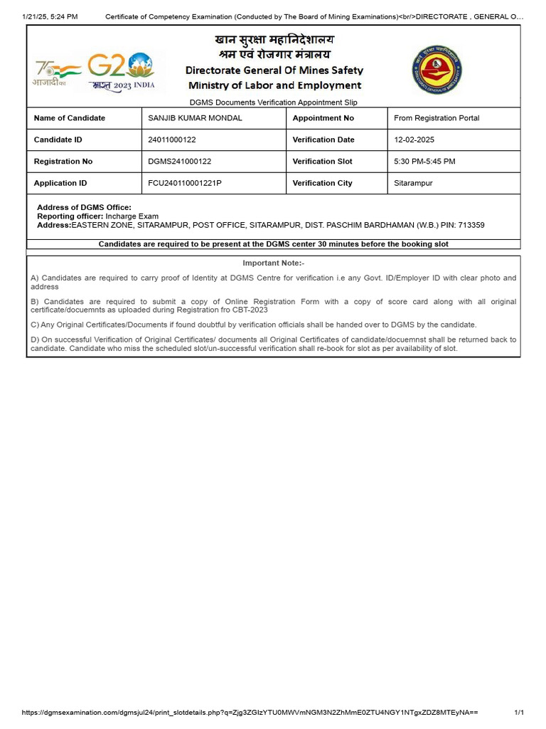DGMS Verification Appointment Slip | PDF