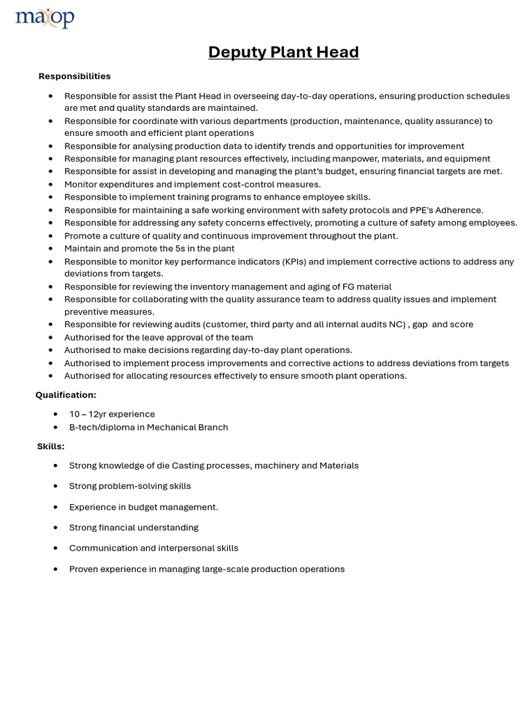 Deputy Plant Head Latest Cdbaf091c9 | PDF | Audit | Quality Assurance