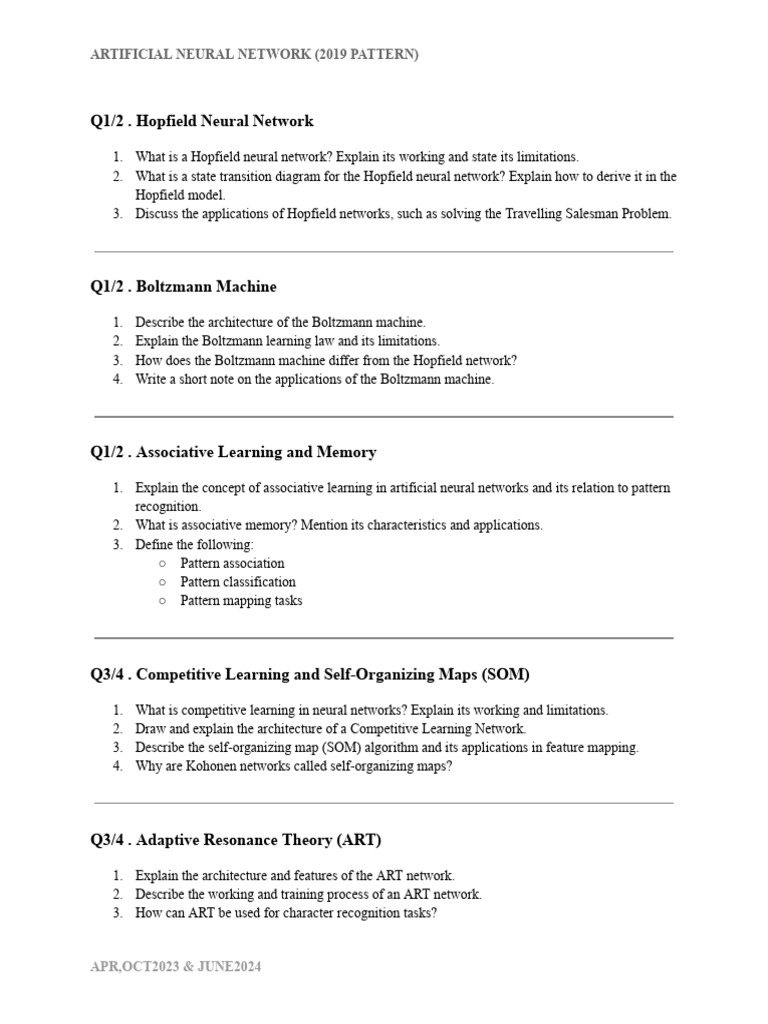 Artificial Neural Network (2019 Pattern) Pyq | PDF | Deep Learning | Cognition