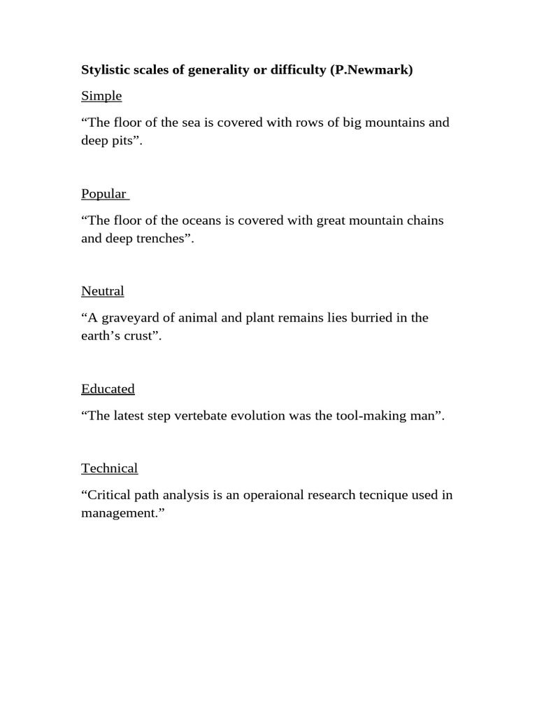Stylistic Scales of Generality or Difficulty | PDF