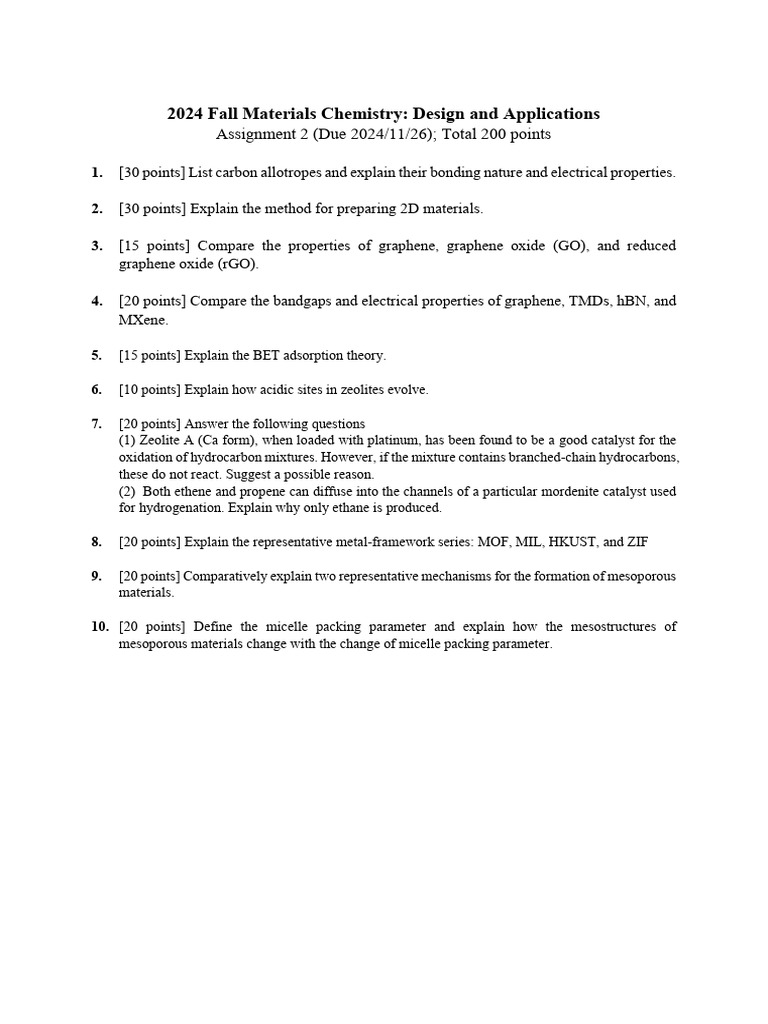 Fall 2024 Materials Chemistry Assignment | PDF | Materials | Chemistry