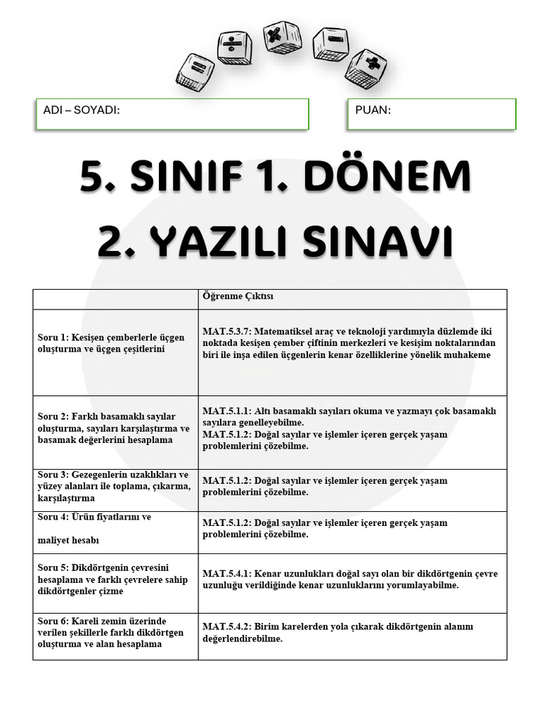 5. SINIF 1. DÖNEM 2. YAZILI SINAVI | PDF
