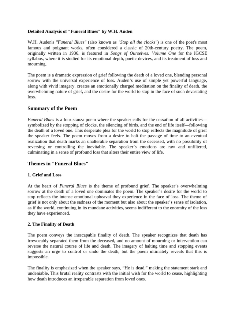 "Funeral Blues" Poem Analysis | PDF | Grief | Poetry