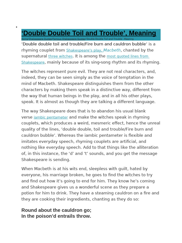 Double Double Toil and Trouble | PDF | Macbeth