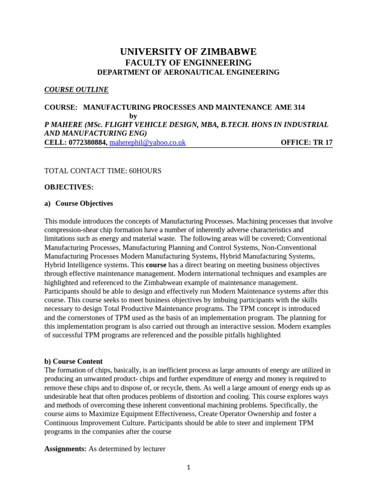 Course Outline MANUFACTURING PROCESSES AND MAINTENANCE NEW | PDF | Lean ...