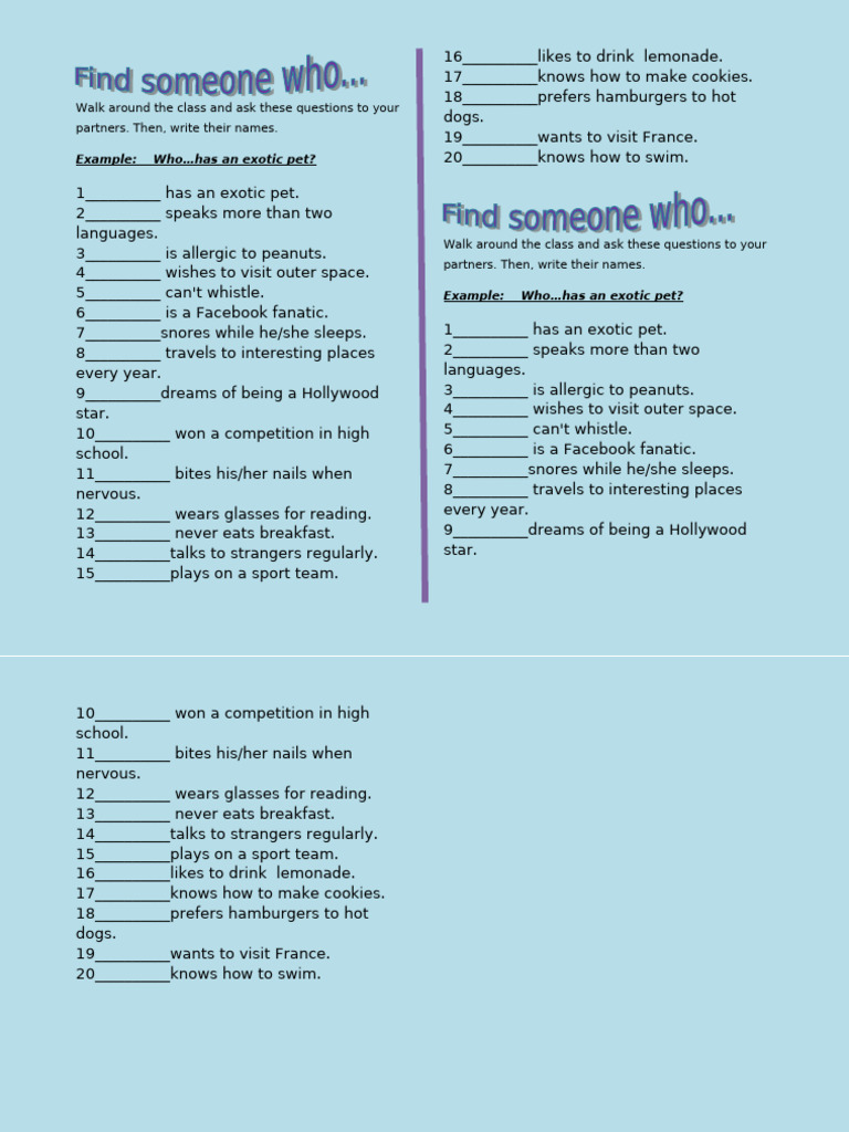 Find Someone Who Fun Activities Games Icebreakers - 72146 | PDF ...