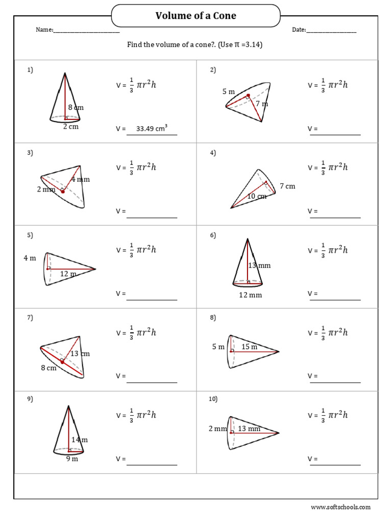 Find The Volume of A Cone Worksheet | PDF
