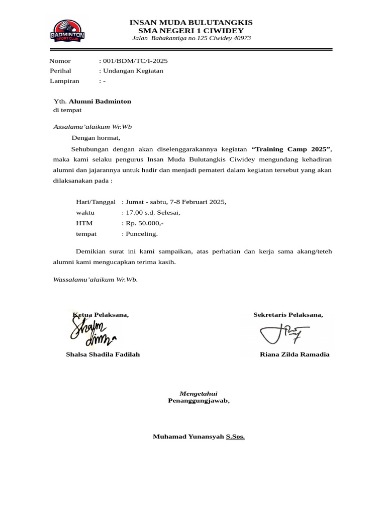 Surat undangan TC Badminton | PDF