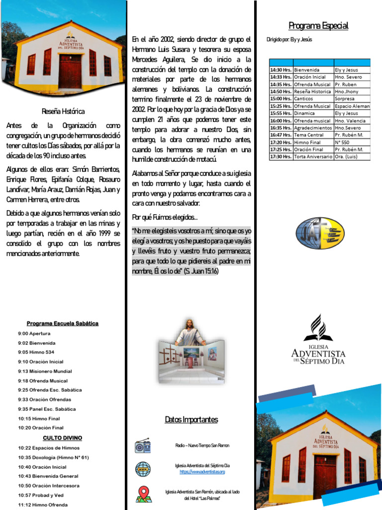 Triptico Aniversario Iglesia Adventista San Ramon Final | PDF