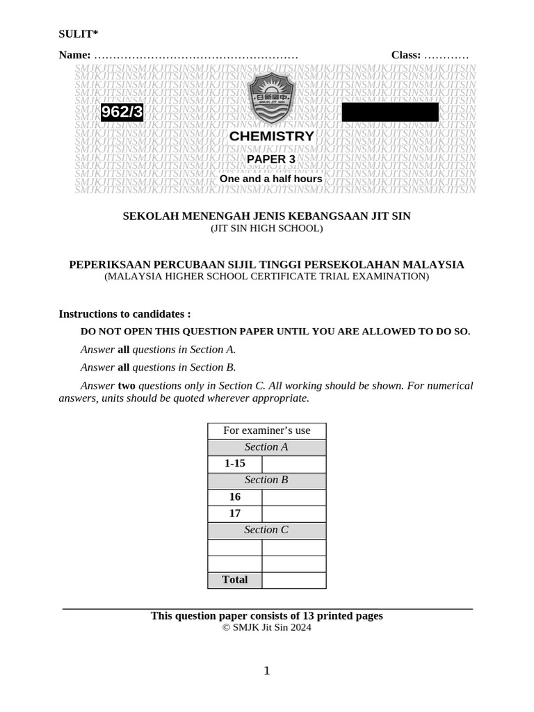 TS Qs JSHS 2024 Chemistry 3 Trial Exams Qs New | PDF | Chemical Reactions | Iodine