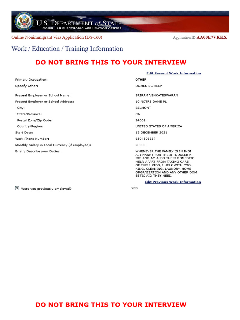 DS-160 Visa Application Work History | PDF