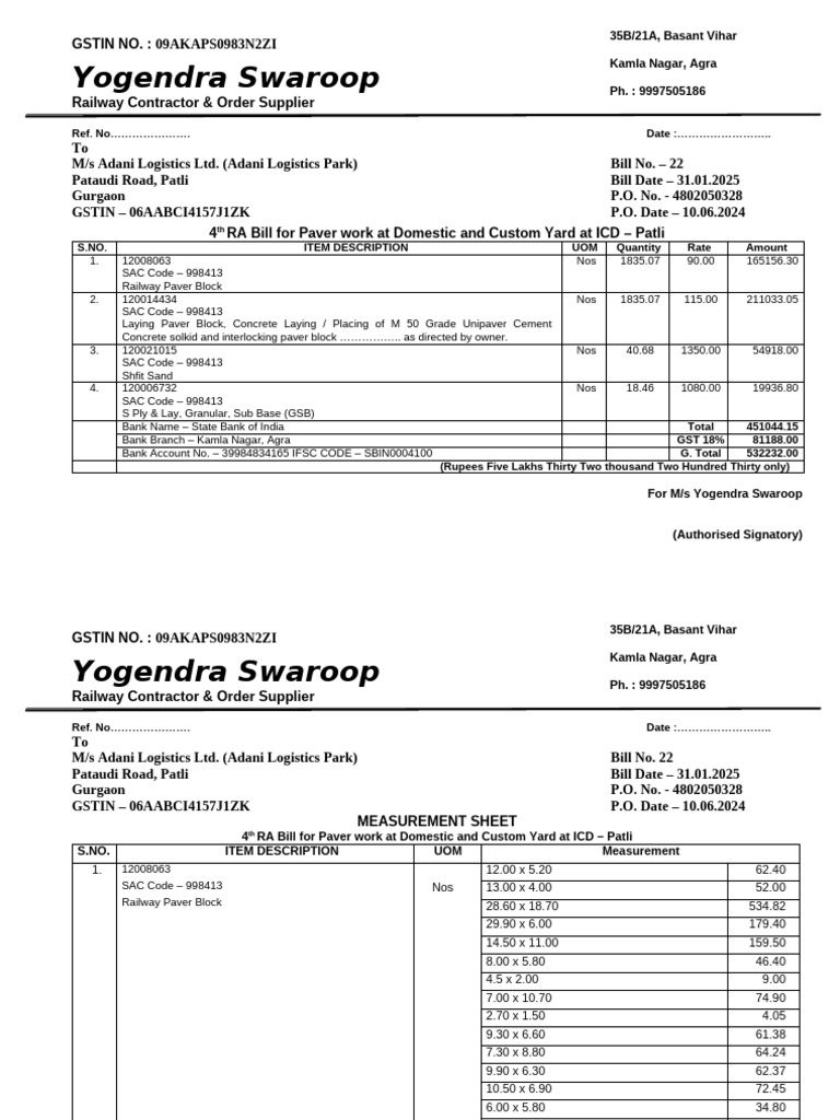 4th RA Bill for Paver Work at ICD Patli | PDF | Pedestrian ...