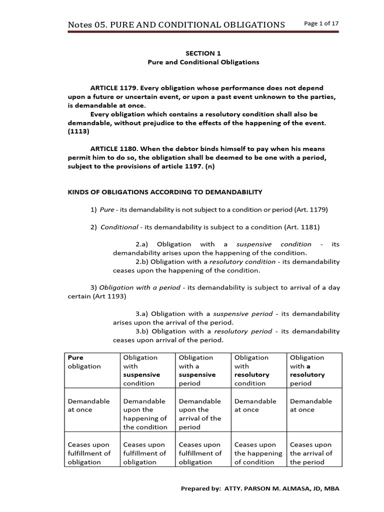 Notes 05 Pure and Conditional Obligations | PDF | Breach Of Contract ...