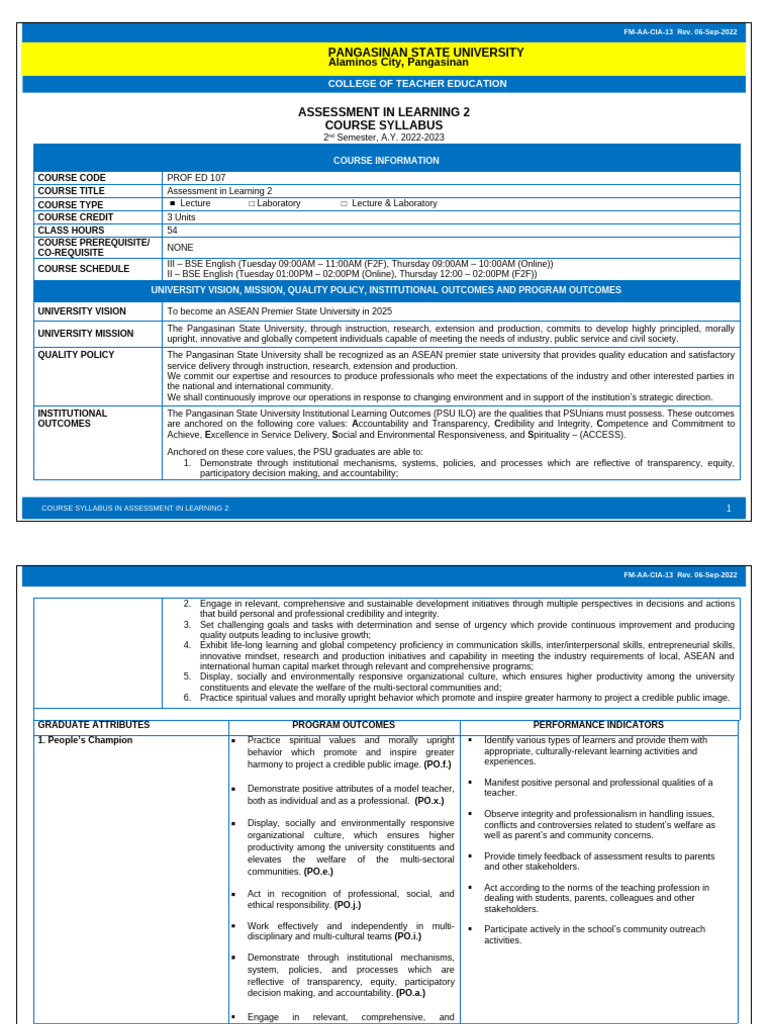 Syllabus-ProfEd-107 | PDF | Educational Assessment | Learning