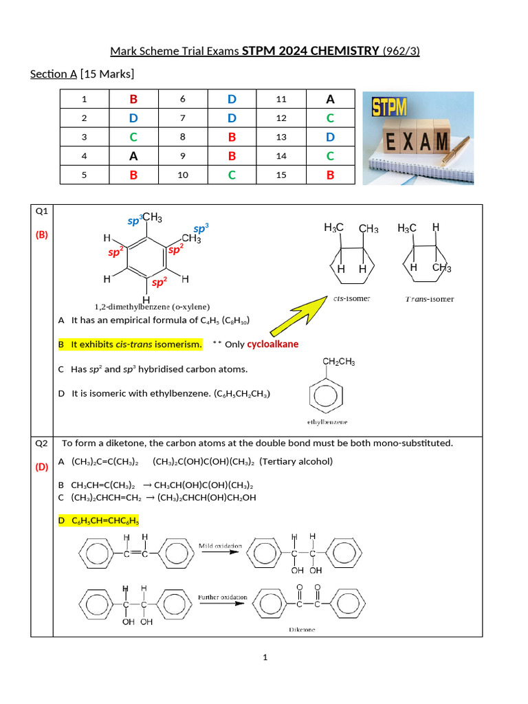 TS MS JSHS 2024 Sem 3 Chemistry Trial Exams Marking Scheme | PDF ...