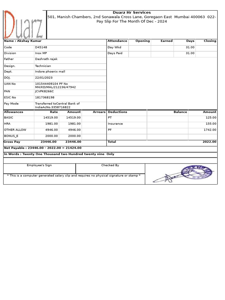 December 2024 Pay Slip for Akshay Kumar | PDF