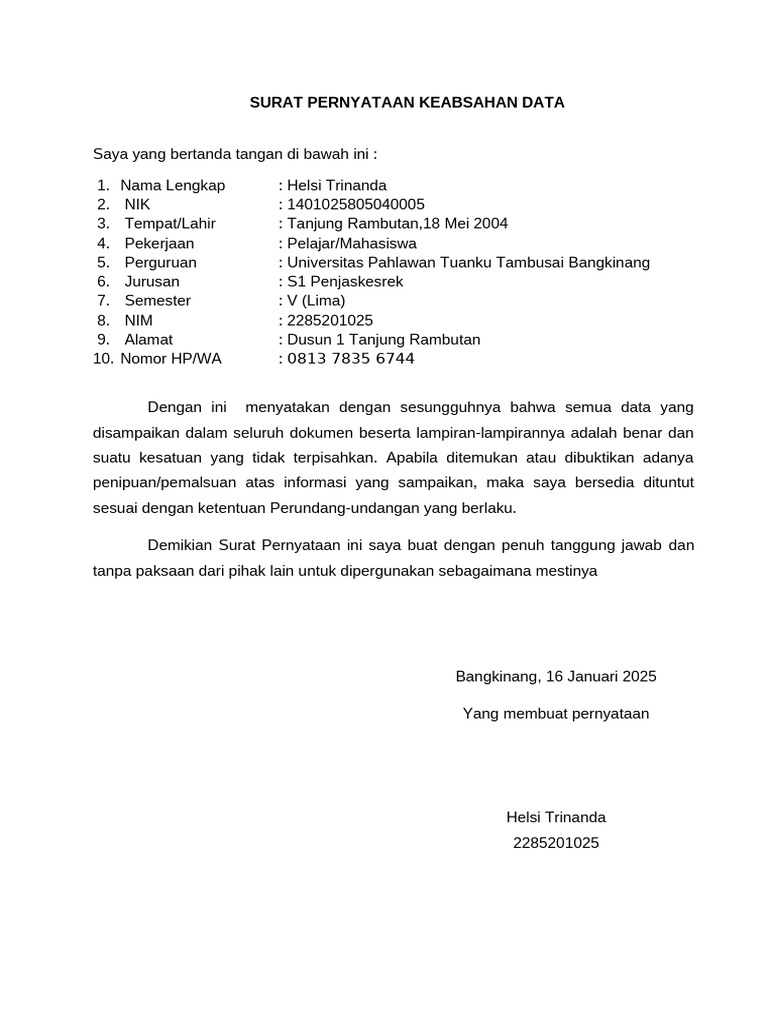 Surat Keabsahan Data | PDF