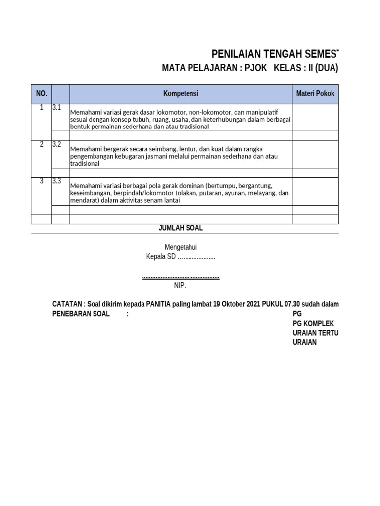 Soal PTS PJOK Kelas 2 Semester 1 | PDF