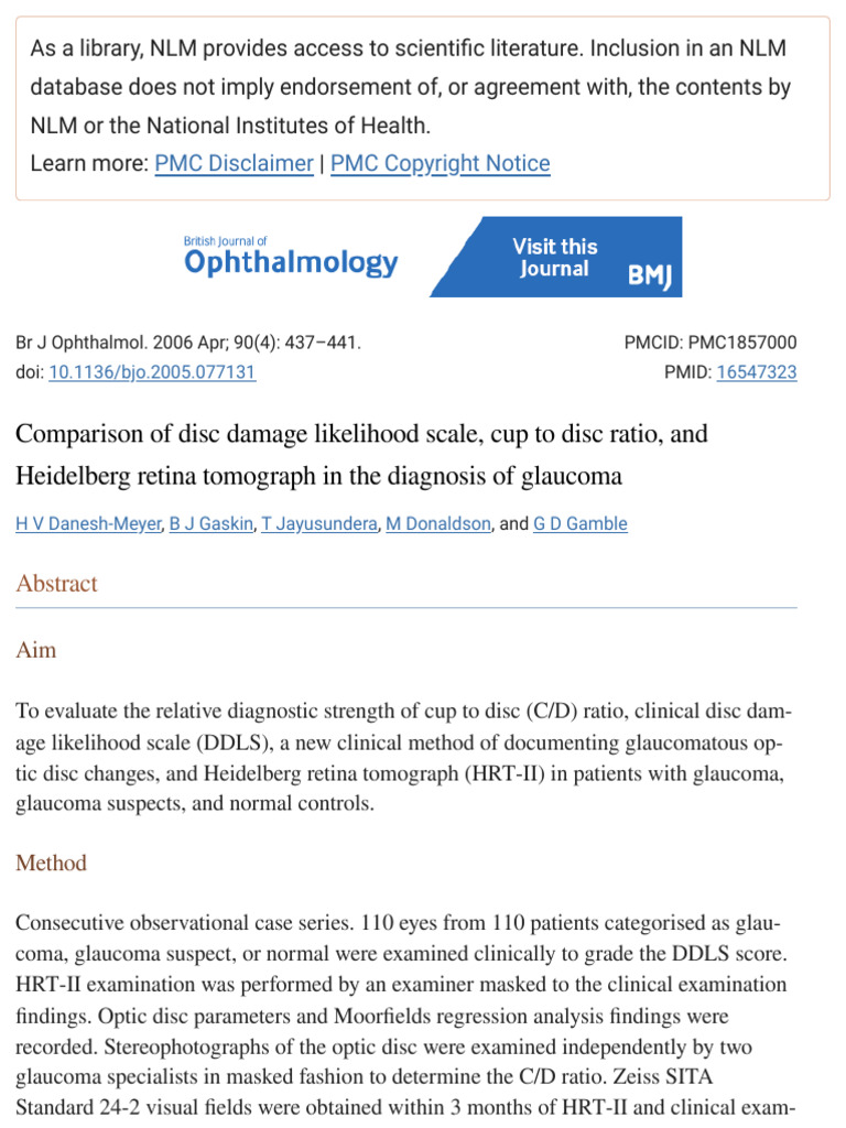 2006 Comparison of Disc Damage Likelihood Scale, Cup To Disc Ratio, and ...