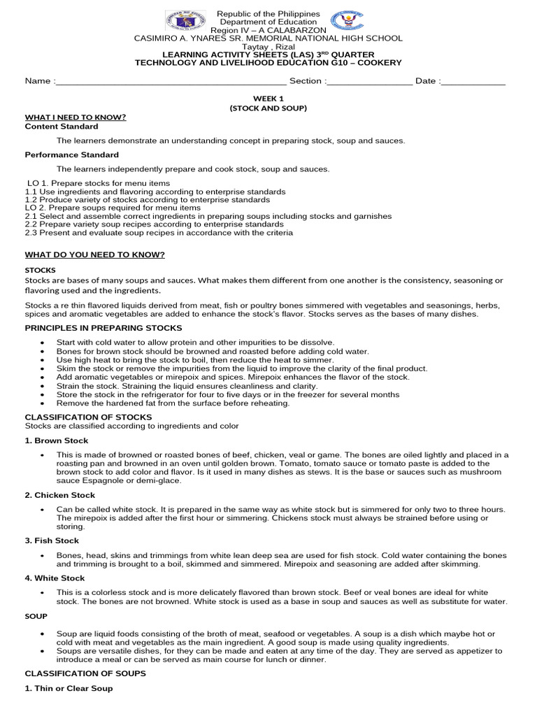 G10 Learning Activity Sheets 3Q 2024 2025 | PDF | Stock (Food) | Soup