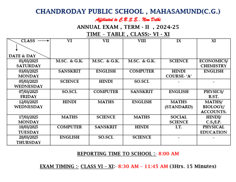 ANNUAL EXAM TIME - TABLE, CLASS VI - XI ,2024-25 | PDF