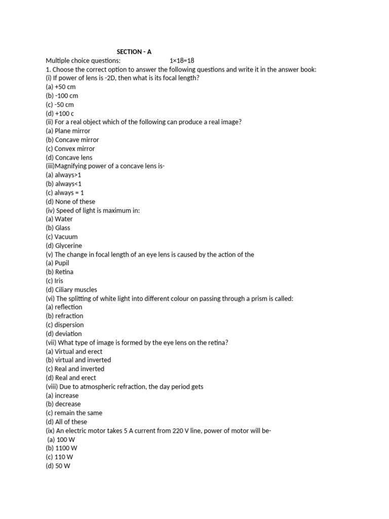 Physics Multiple Choice & Short Answer Quiz | PDF | Optics | Lenses