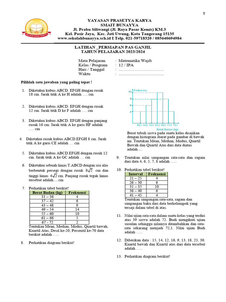 Latihan Persiapan PAS Ganjil Matematika Wajib XII (2023-2024) | PDF