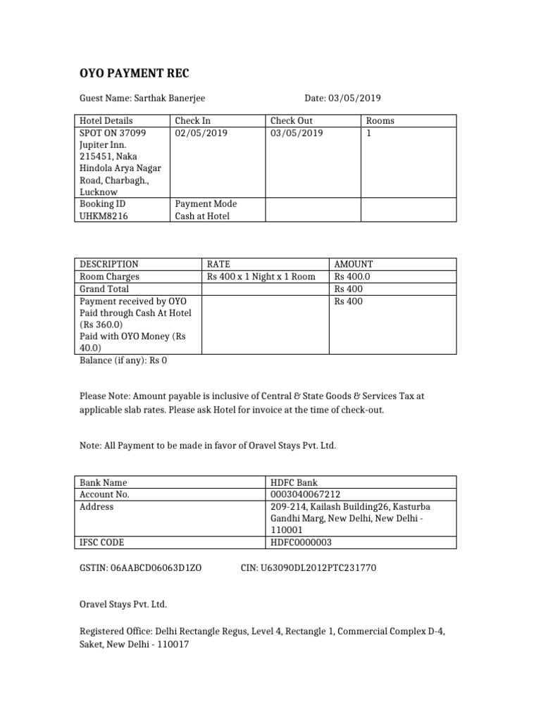 OYO Hotel Payment Receipt Format | PDF
