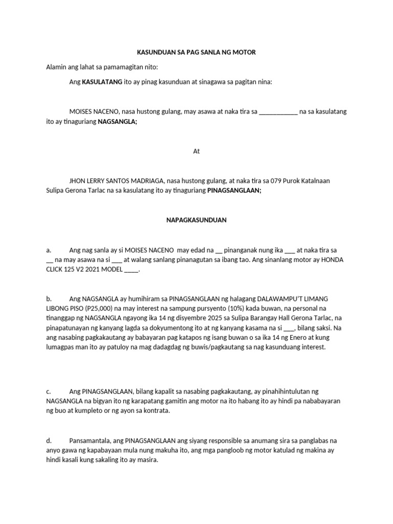 Kasunduan Sa Pag Sanla NG Motor | PDF